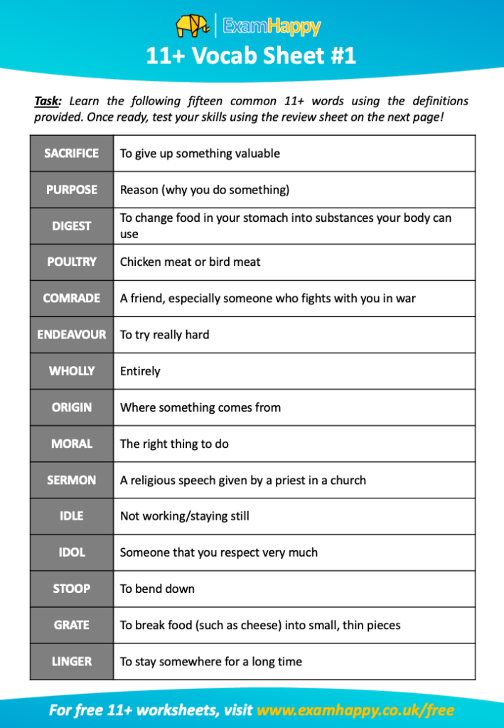 11+ Vocab Sheet #5 | Exam Happy